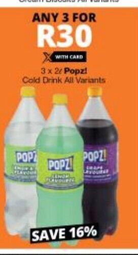 Popz! Cold Drink All Variants 3x 2L offer at Checkers
