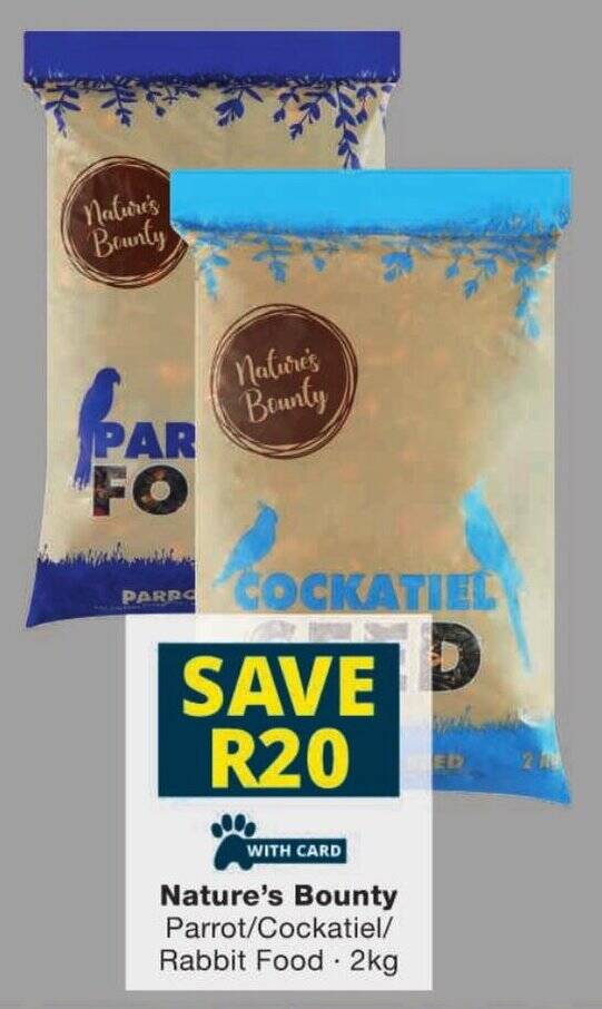 Nature's Bounty Parrot/ Cockatiel/ Rabbit Food 2 kg offer at Checkers