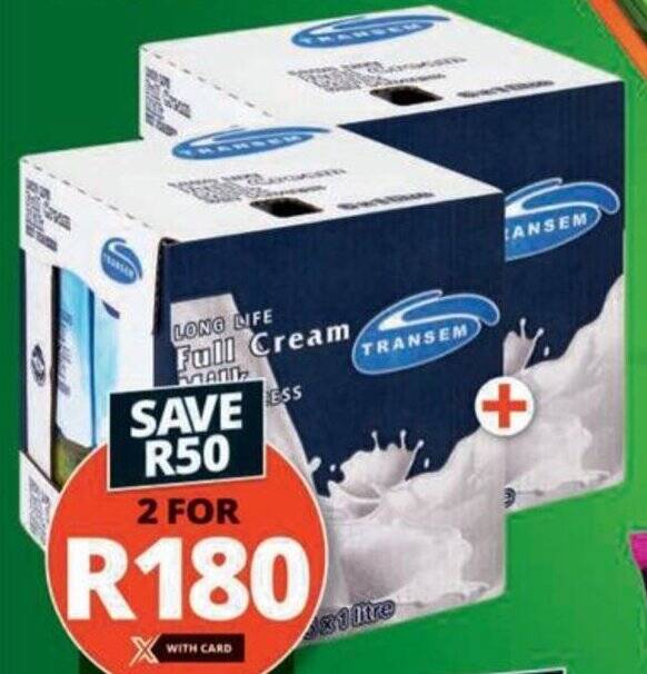 Transem Full Cream Long Life Milk 2 x 6 x 1 L offer at Checkers Hyper