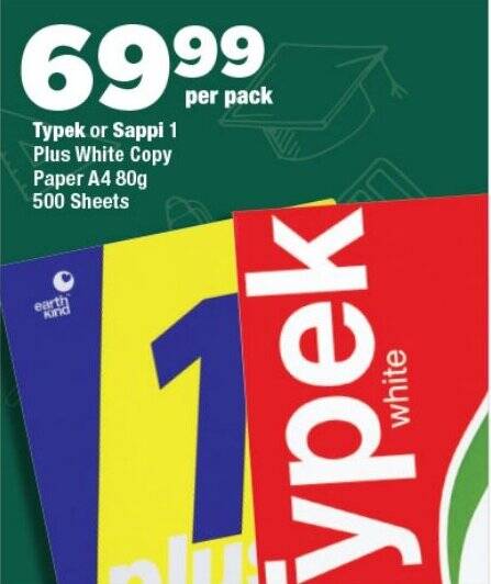 Typek or Sappi 1 Plus White Copy Paper A4 80g 500 Sheets offer at OK Foods