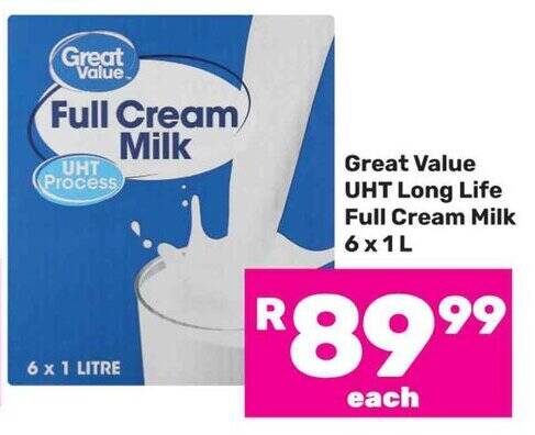 Great Value UHT Long Life Full Cream Milk 6 x 1 L offer at Game