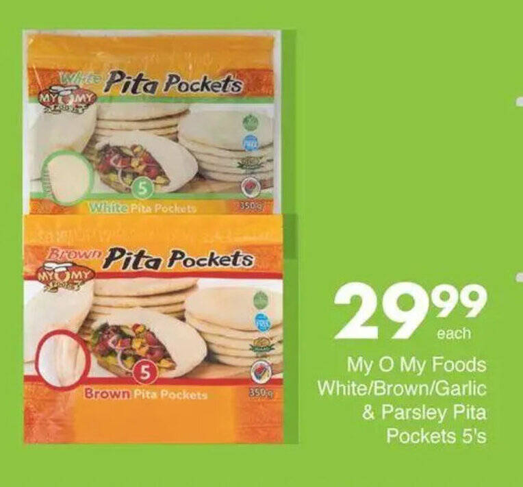 My O My Foods White/ Brown/ Garlic & Parsley Pita Pockets 5's offer at ...
