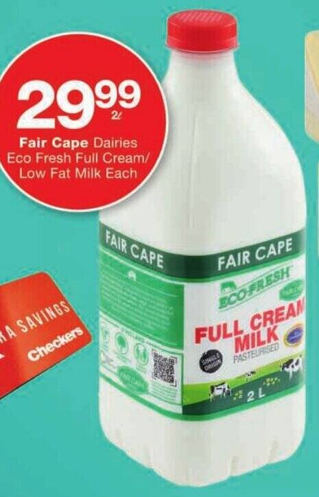 Fair Cape Dairies Eco Fresh Full Cream/ Low Fat Milk 2 L offer at Checkers