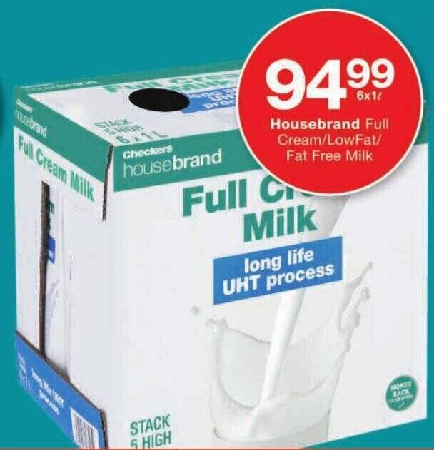 Housebrand Full Cream/ LowFat/ Fat Free Milk 6 x 1 L offer at Checkers