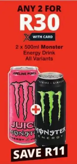 Monster Energy Drink All Variants 2 x 500 ml offer at Checkers