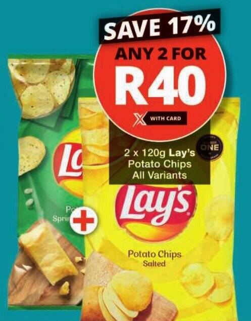 Lay's Potato Chips All Variants 2 x 120 g offer at Checkers
