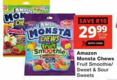 Amazon Monsta Chews Fruit Smoothie/ Sweet & Sour Sweets offer at Checkers