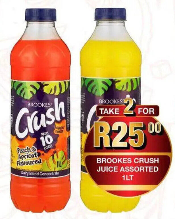 Brookes crush juice assorted 2 x 1 lt offer at Take 'n Pay