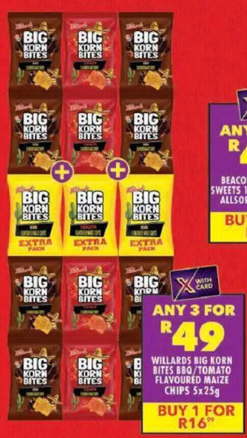 Willards big korn bites bbq/ tomato flavoured maize chips 3 x 5 x 25 g ...
