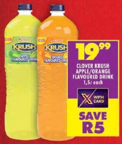 Clover krush apple/ orange flavoured drink 1.5 L offer at Shoprite