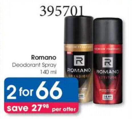 Romano Deodorant Spray 2 x 140 ml offer at Clicks