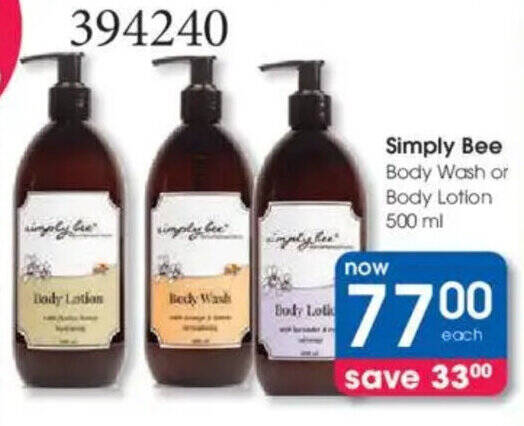 Simply Bee Body Wash or Body Lotion 500 ml offer at Clicks