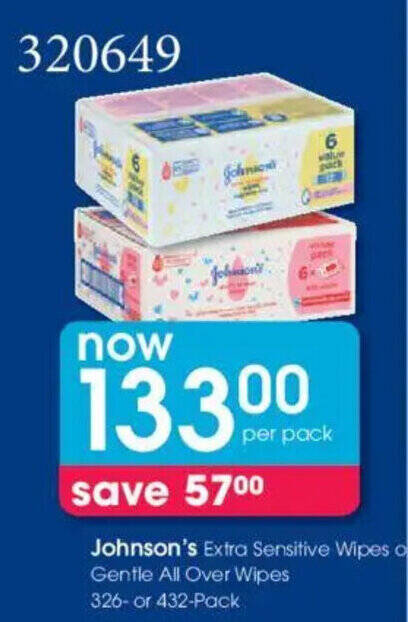Johnson's Extra Sensitive Wipes or Gentle All Over Wipes offer at Clicks