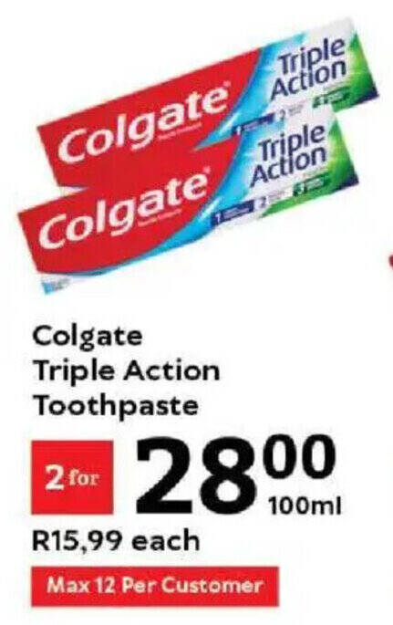 Colgate Triple Action Toothpaste 2 x 100 ml offer at Oxford Freshmarket