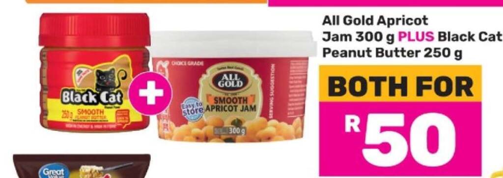All Gold Apricot Jam 300 g PLUS Black Cat Peanut Butter 250 g offer at Game