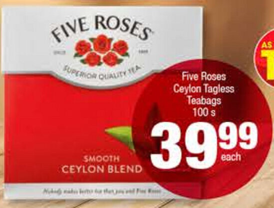Five Roses Ceylon Tagless Teabags 100 s offer at Spar