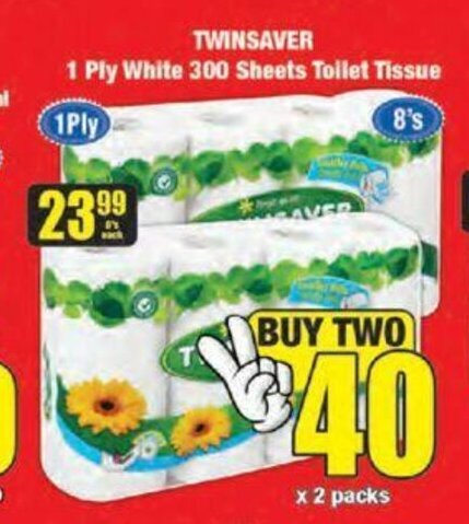 Twinsaver 1 Ply White 300 Sheets Toilet Tissue x2 packs offer at Boxer