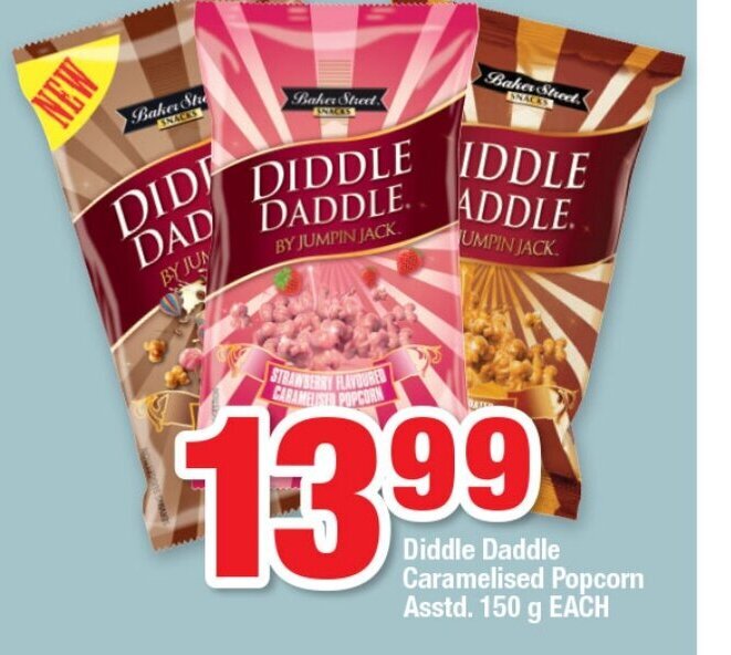 Diddle Daddle Caramelised Popcorn Asstd 150g each offer at OK Foods