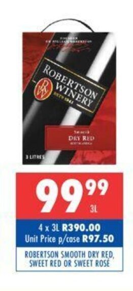 Robertson Smooth Dry Red, Sweet Red or Sweet Rose 3L offer at Ultra Liquors