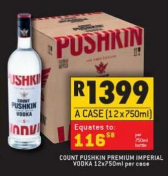 Count Pushkin Premium Imperial Vodka 12x750ml offer at Shoprite Liquor