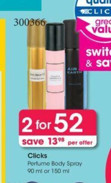 Clicks Perfume Body Spray 90 ml or 150 ml offer at Clicks