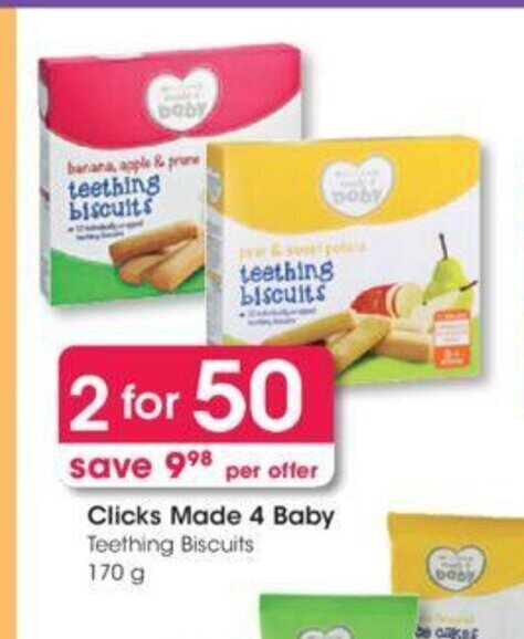 Clicks Made 4 Baby Teething Biscuits 170g offer at Clicks