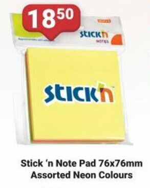 Stick 'n Note Pad 76x76mm Assorted Neon Colours offer at PNA