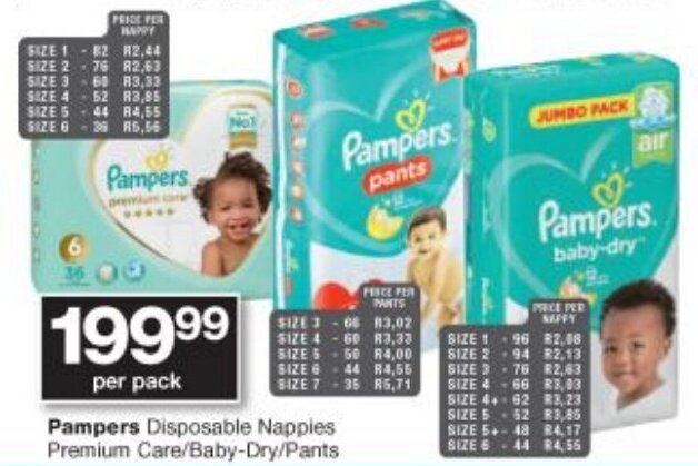 Pampers Disposable Nappies Premium Care/Baby-Dry/Pants offer at Checkers