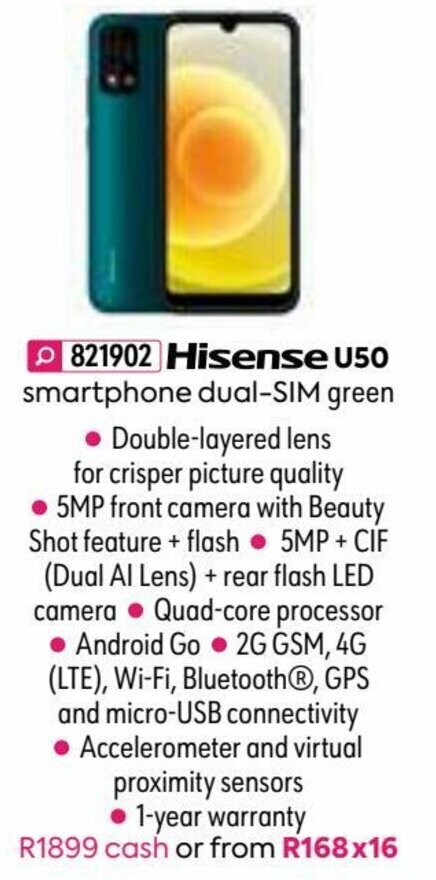 Hisense U50 Smartphone Dual-Sim Green offer at HomeChoice