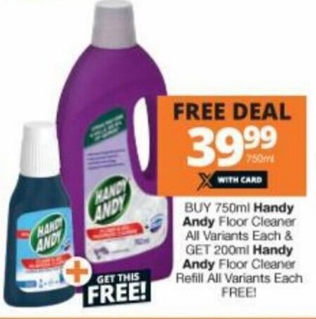Handy Andy Floor Cleaner 750ml & GET Handy Andy Floor Cleaner Refill ...