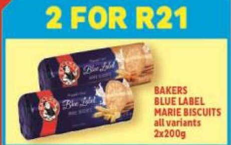 Bakers Blue Label Marie Biscuits all Variants 2x200g offer at Usave