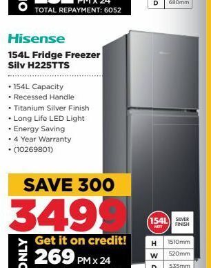 154l fridge freezer silv h225tts offer at HiFi Corp