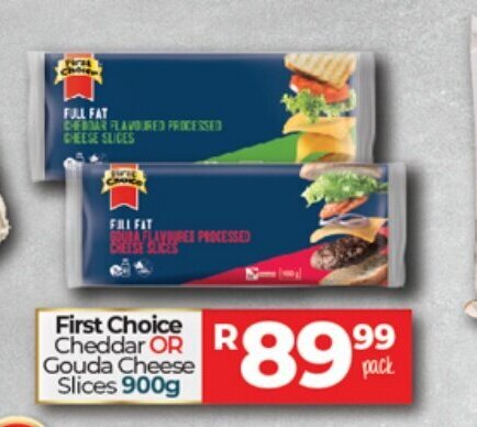 First Choice Cheddar or Gouda Cheese Slices 900g offer at Take 'n Pay