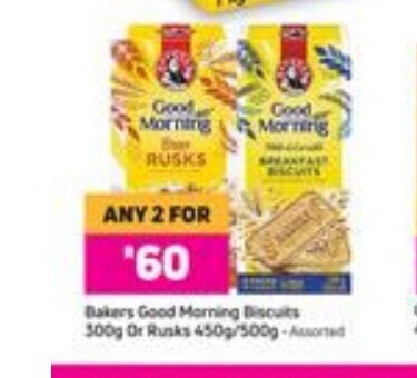 Baker's Good Morning Biscuits 500g or Rusks 450g/500g offer at Game