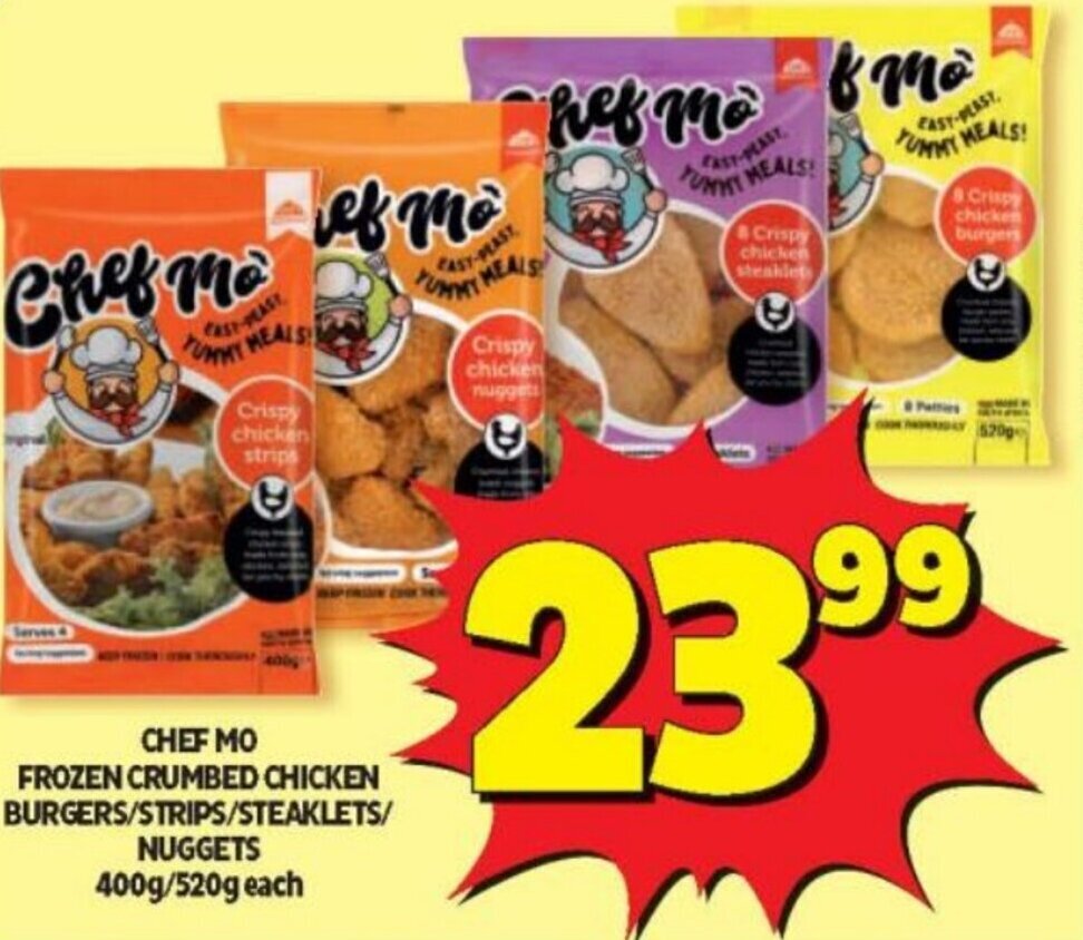 Cher Mõ Frozen Crumbed Chicken Burgers / Strips / Steaklets / Nuggets ...