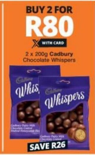 Cadbury Chocolate Whispers 2 x 200g offer at Checkers