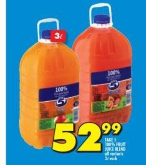 Take 5 100% Fruit Juice Blend All Variants 3L each offer at Shoprite