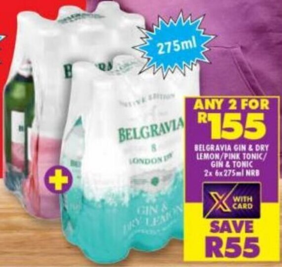 Belgravia Gin & Dry Lemon/Pink Tonic/Gin & Tonic 2x6x275ml offer at Shoprite Liquor