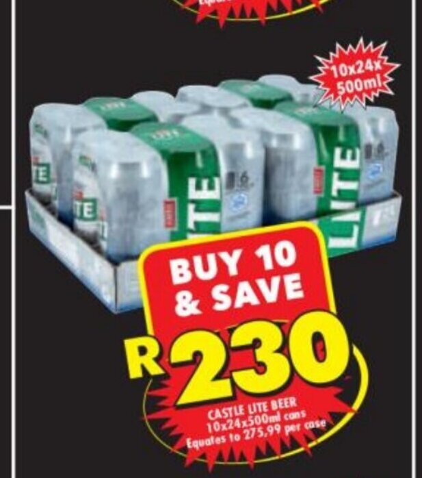 Castle Lite Beer 10x24x500ml offer at Shoprite Liquor