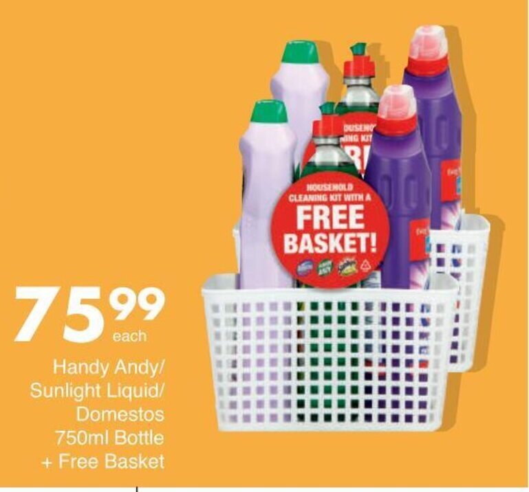 Handy Andy / Sunlight Liquid / Domestos 750 ml Bottle + Free basket ...