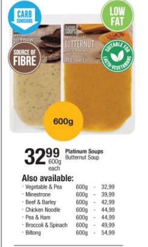 Platinum Soups Butternut Soup 600g offer at Checkers