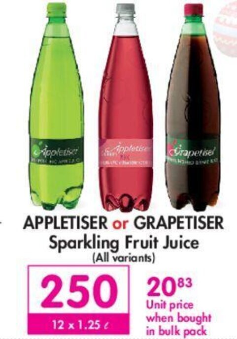 Appletiser or Grapetiser Sparkling Fruit Juice 12 x 1,25L offer at Makro