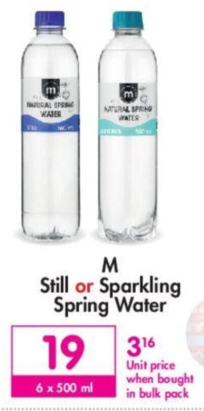M Still or Sparkling Spring Water 6 x 500ml offer at Makro