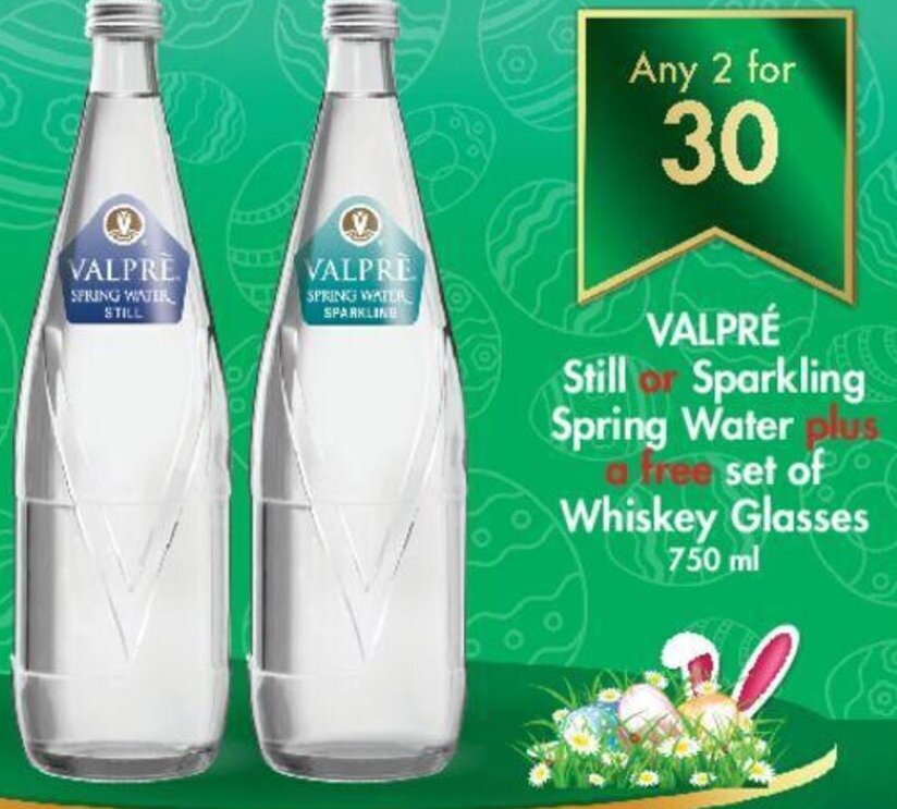 Valpré Still or Sparkling Spring Water Plus a Free Set of Whisky ...