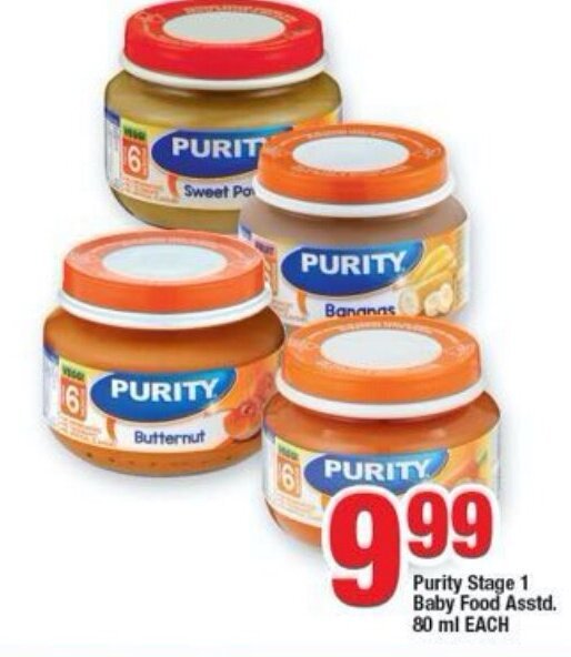 Purity Stage 1 Baby Food Asstd. 80ml offer at OK Foods