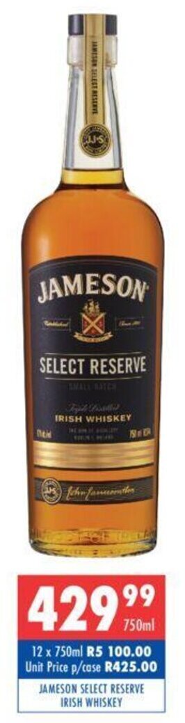 Jameson Select Reserve Irish Whisky 12 x 750ml offer at Ultra Liquors