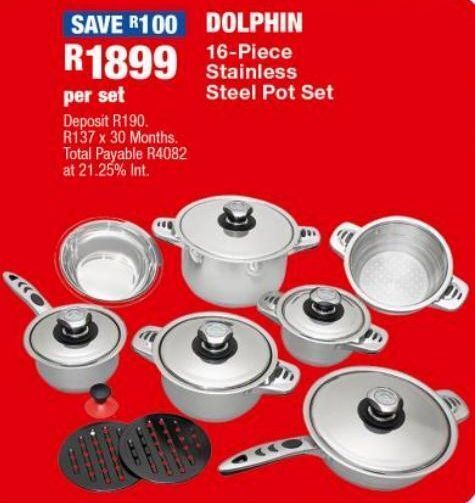 Dolphin 16 piece stainless steel pot set offer at OK Furniture