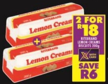 Ritebrand Lemon Creams Biscuits 2 x 200g offer at Shoprite