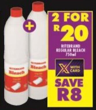 Ritebrand Regular Bleach 2 x 750ml offer at Shoprite