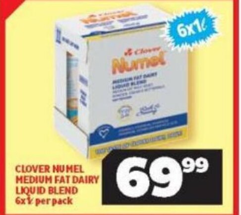 Clover Numel Medium Fat Dairy Liquid Blend 6x1L per pack offer at Usave